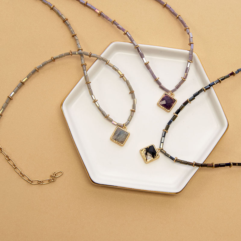 Beaded Quartz Square Pendant Necklace | Joy Susan