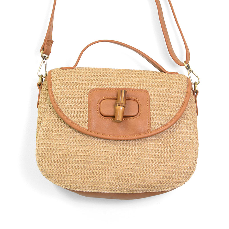 Natural Straw Hattie Bamboo Turnlock Top Handle Flap Crossbody | Joy Susan